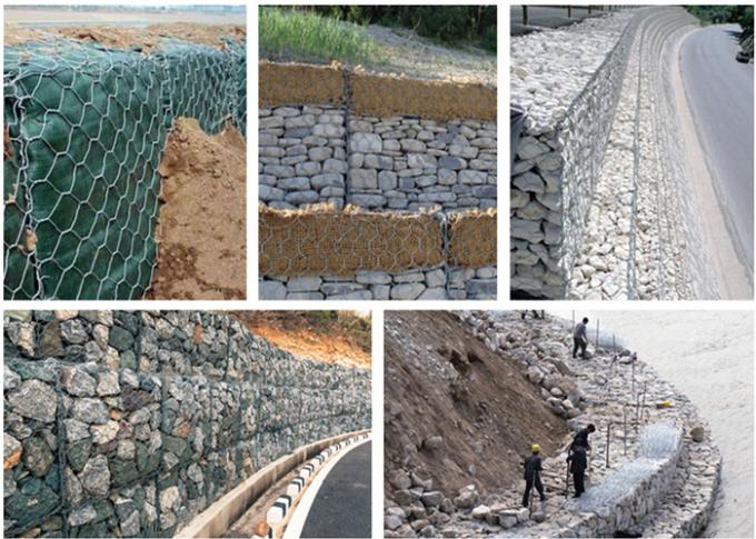 Green / Grey Hexagonal Gabion Box , Double Twist Gabion Mesh Baskets